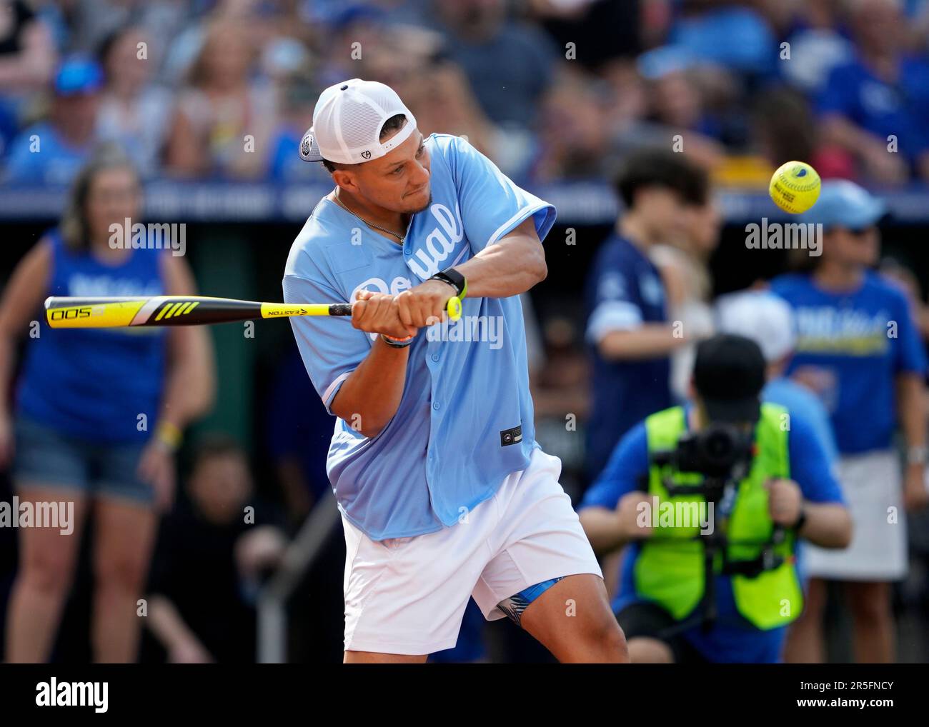 JUN 02, 2023: Patrick Mahomes drives a home run at Kauffman Stadium Kansas City, Missouri. Jon ...