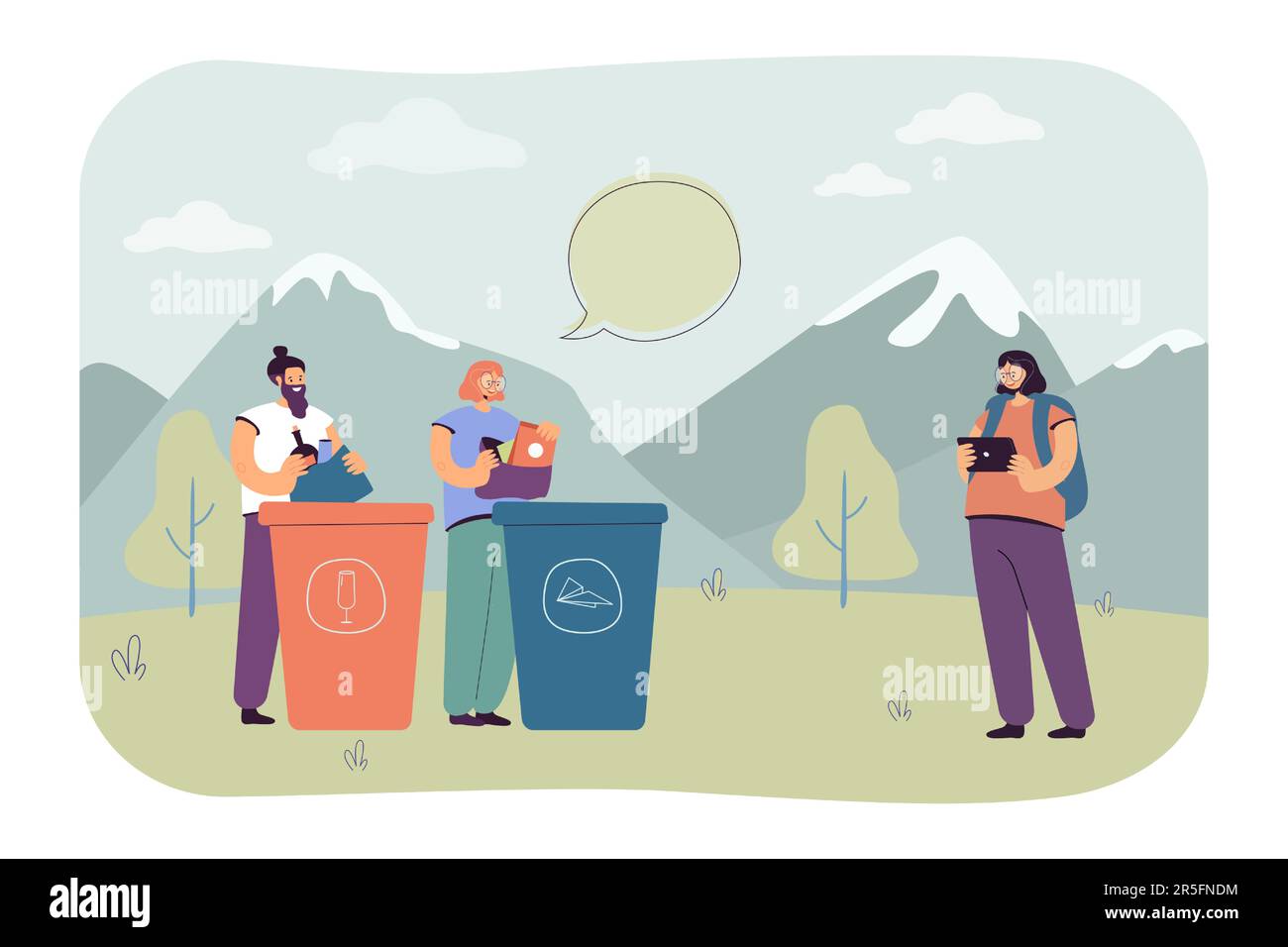 Cartoon man and woman sorting garbage into recycle bins outdoors Stock ...