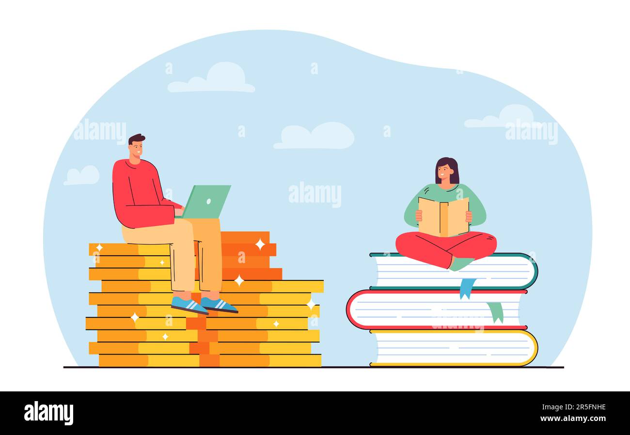 Tiny girl sitting on books and reading while boy using laptop Stock ...