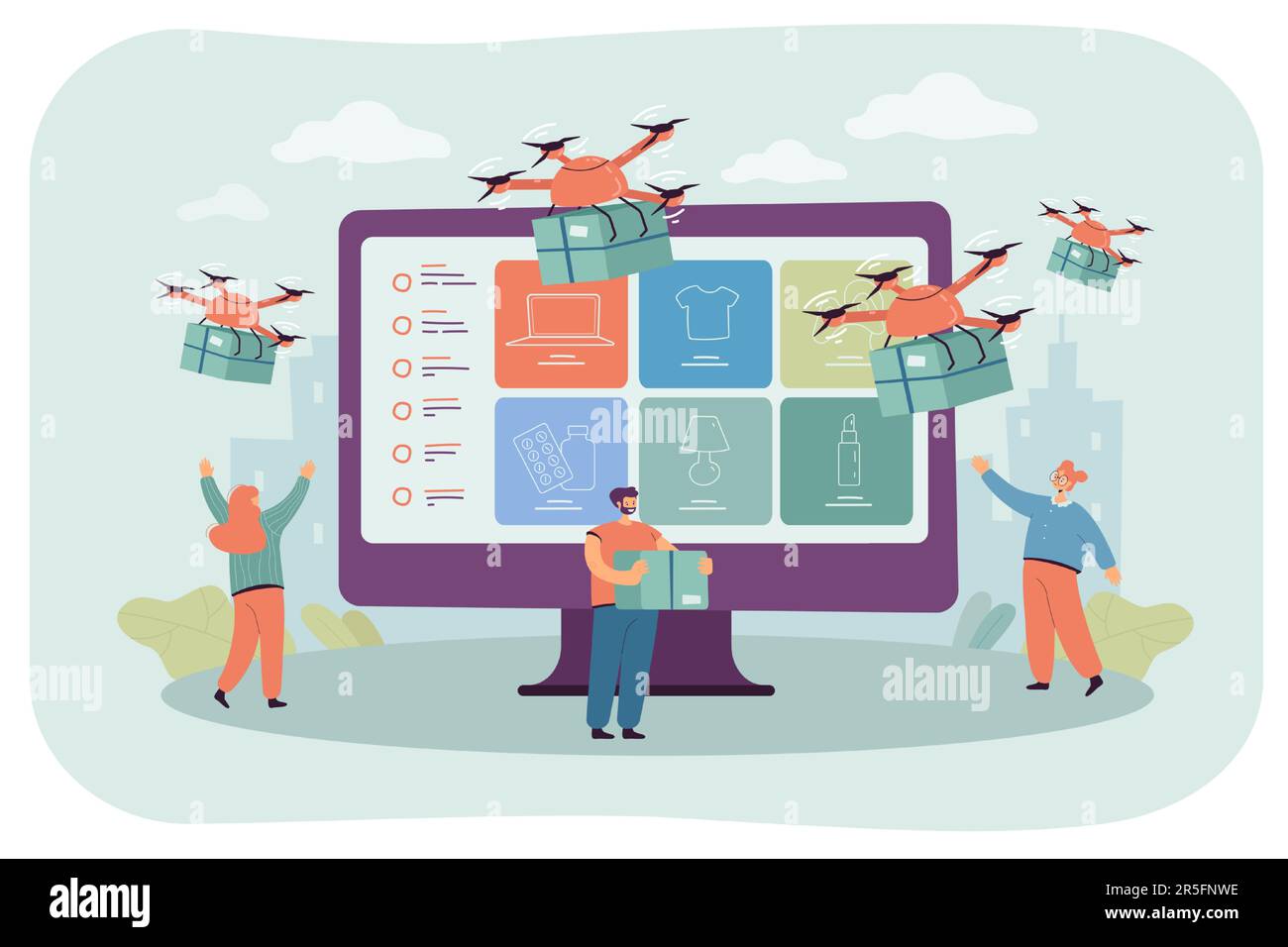 Professional drones delivering purchases to cartoon customers Stock ...