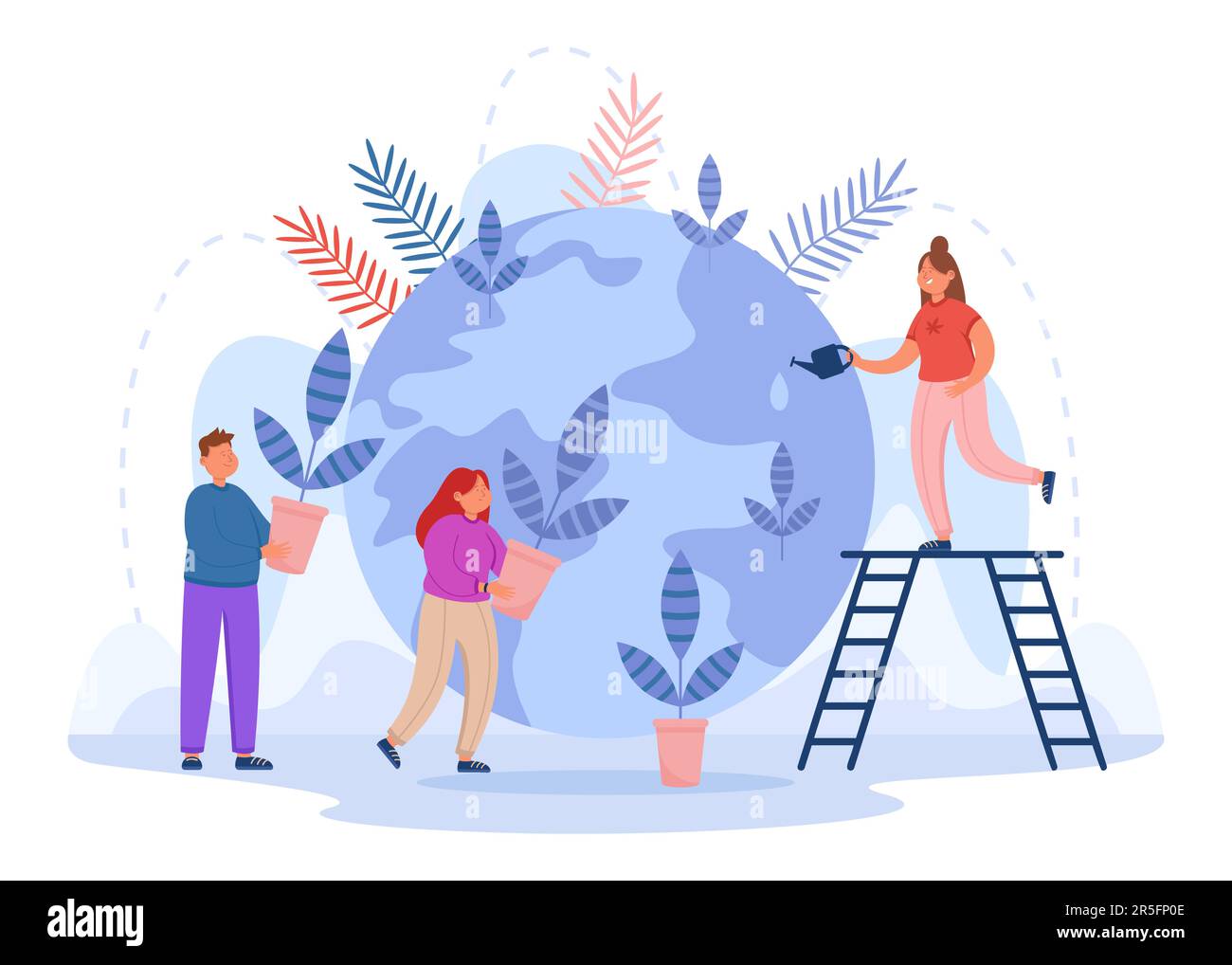 Tiny friendly persons planting trees on Earth together Stock Vector ...