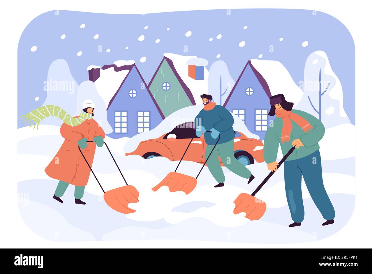 Happy family cleaning snow after storm in backyard together Stock ...