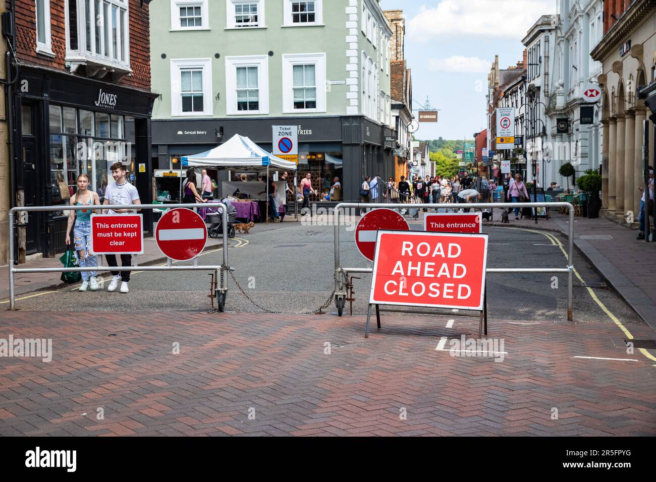 Road Ahead Closed sign as People do their shopping in Bury St Edmunds ...