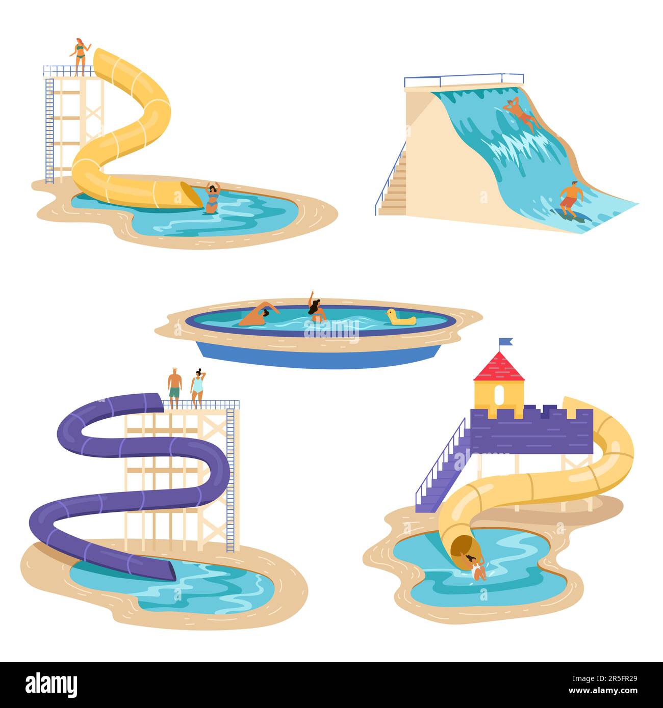 People Relaxing At Waterpark Vector Illustrations Set Stock Vector