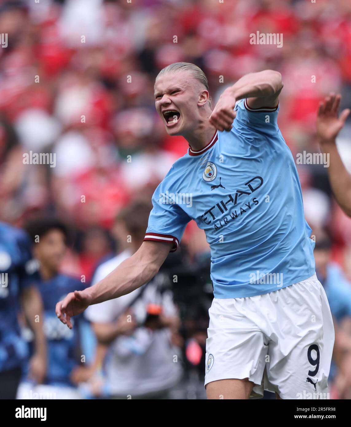 London, UK. 03rd June, 2023. Erling Haaland (MC) celebrates the win at ...