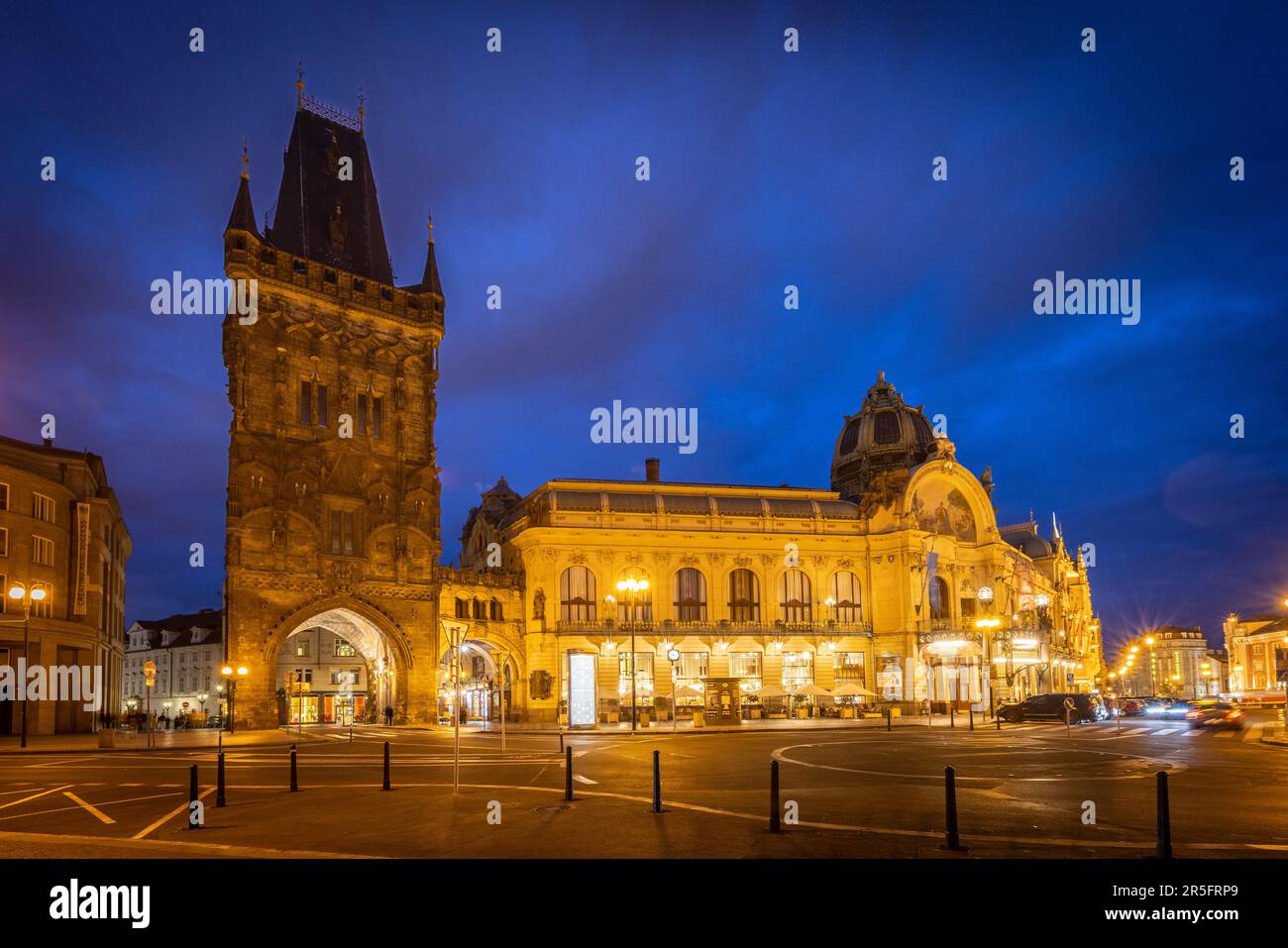 Prague, CZECH REPUBLIC - May 19th, 2023: Blue hour at the Prašná brána ...
