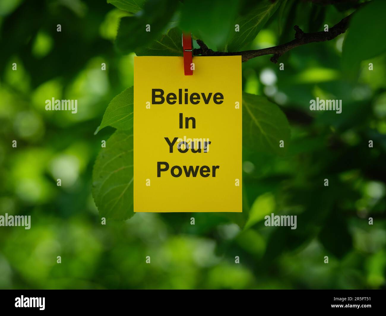 A yellow paper note with the words Believe in Your Power on it attached ...