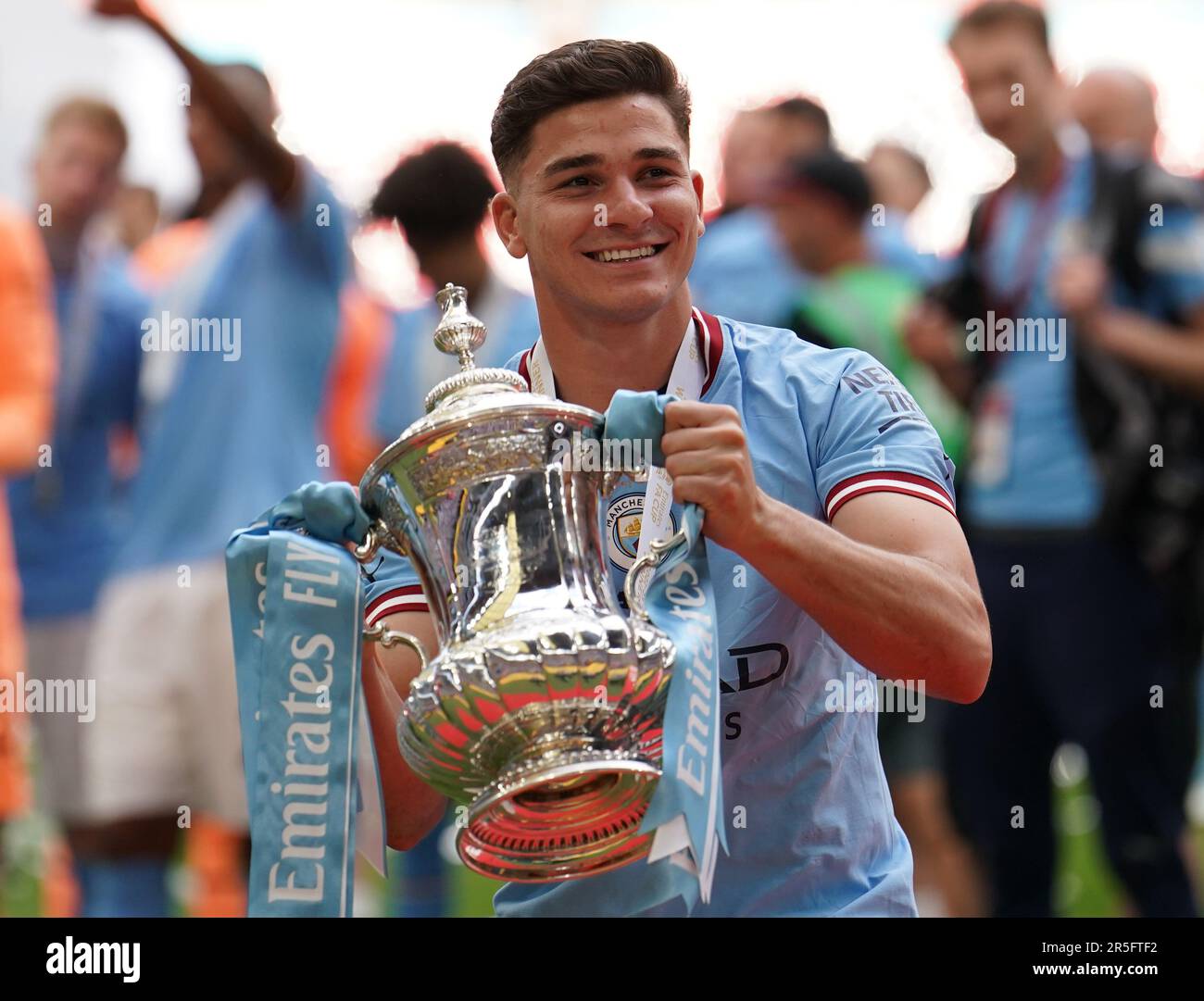 Manchester City's Julian Alvarez celebrates with the FA Cup following ...