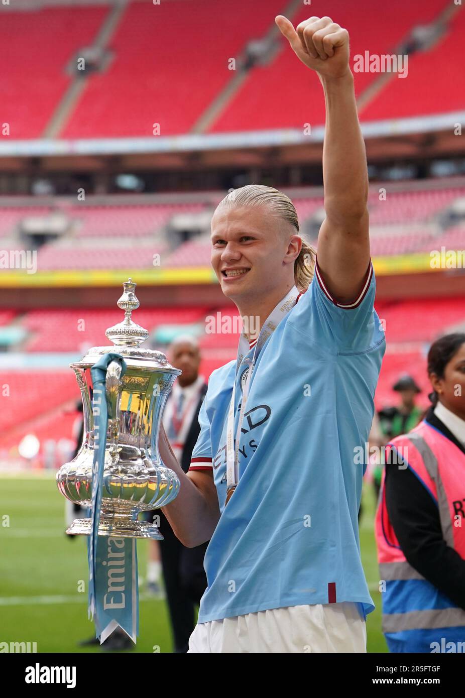Manchester City's Erling Haland celebrates with the FA Cup following ...