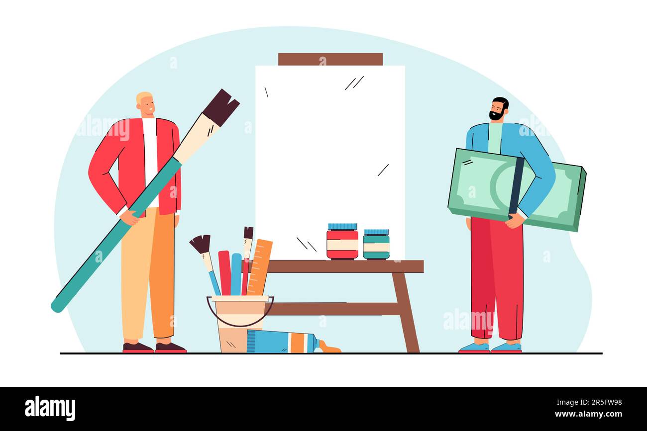 Tiny investor investing money in art work of artist Stock Vector Image ...