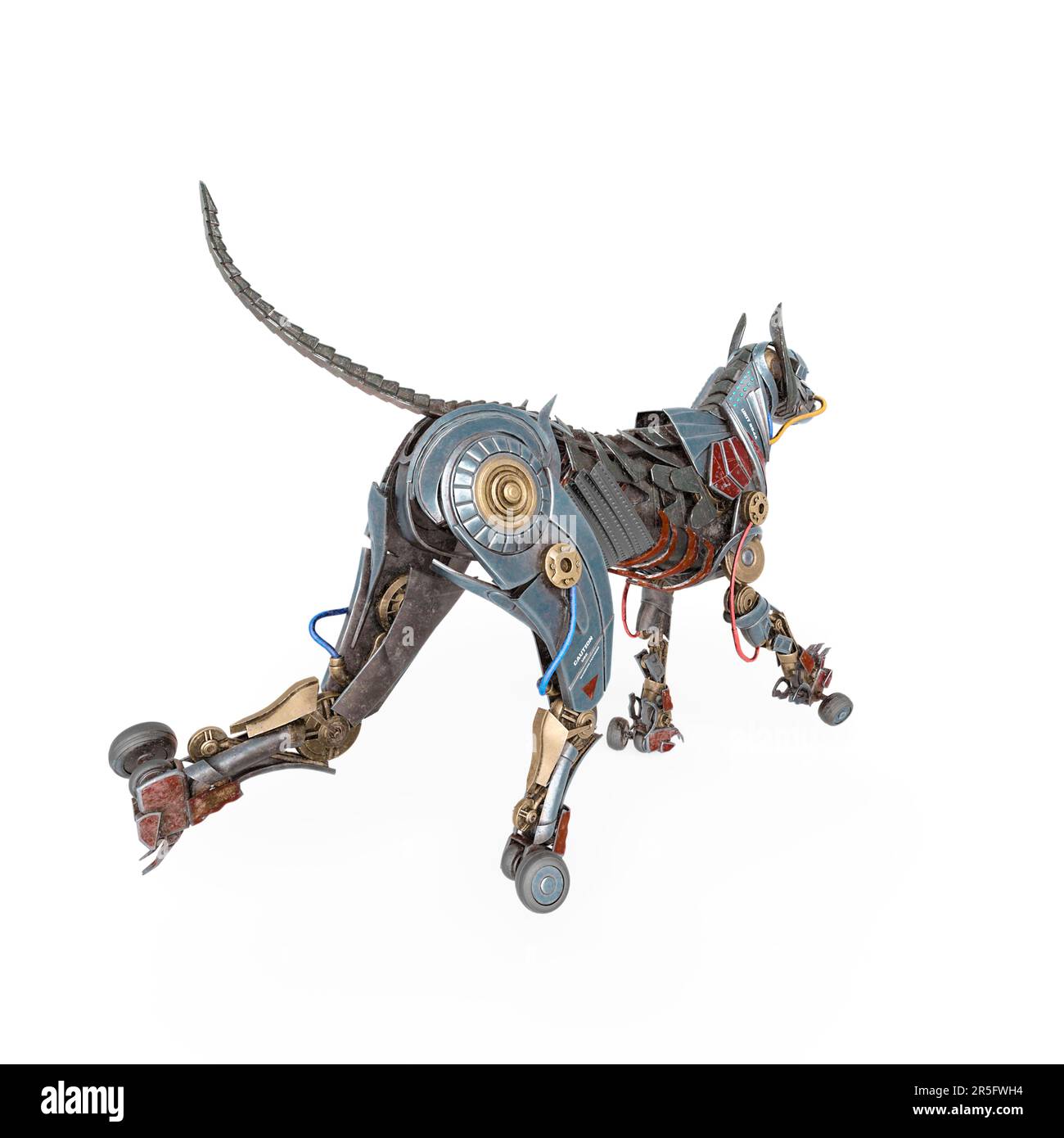 vintage cyber dog is running fast in white background rear view, 3d ...