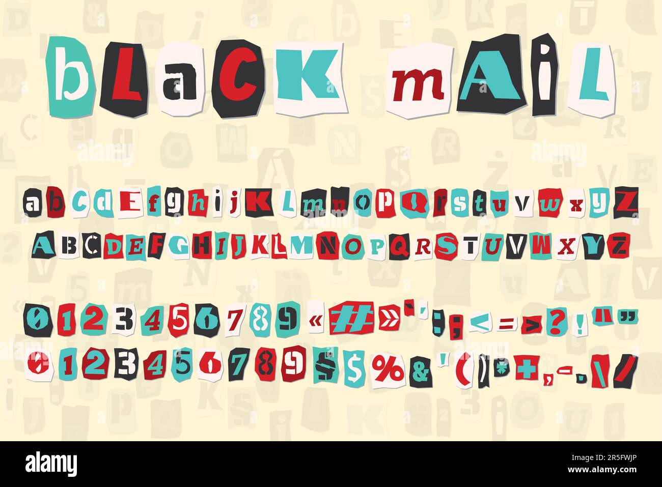 Color ransom collage style letters numbers and punctuation marks cut ...