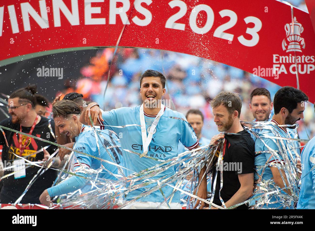 London, UK. 03rd June, 2023. Manchester City players celebrate during ...