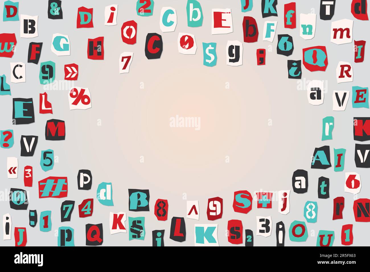 Color ransom collage style letters numbers and punctuation marks cut ...