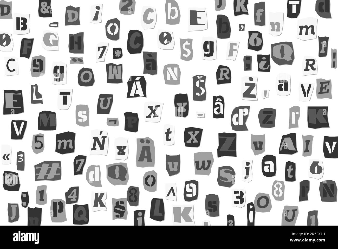 Black and white ransom collage style letters numbers and punctuation ...