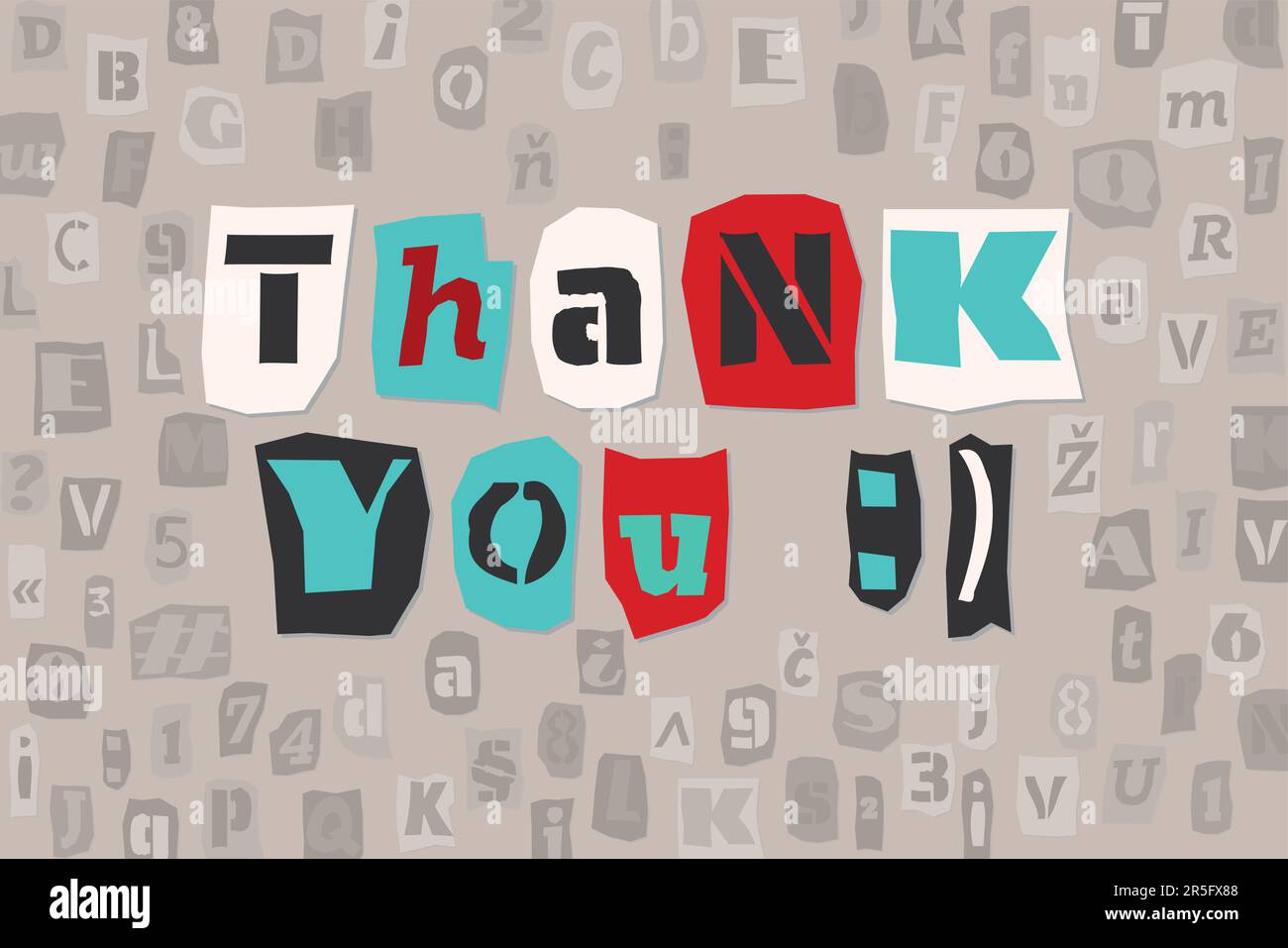 Thank you card. Color ransom collage style letters cut from newspapers ...