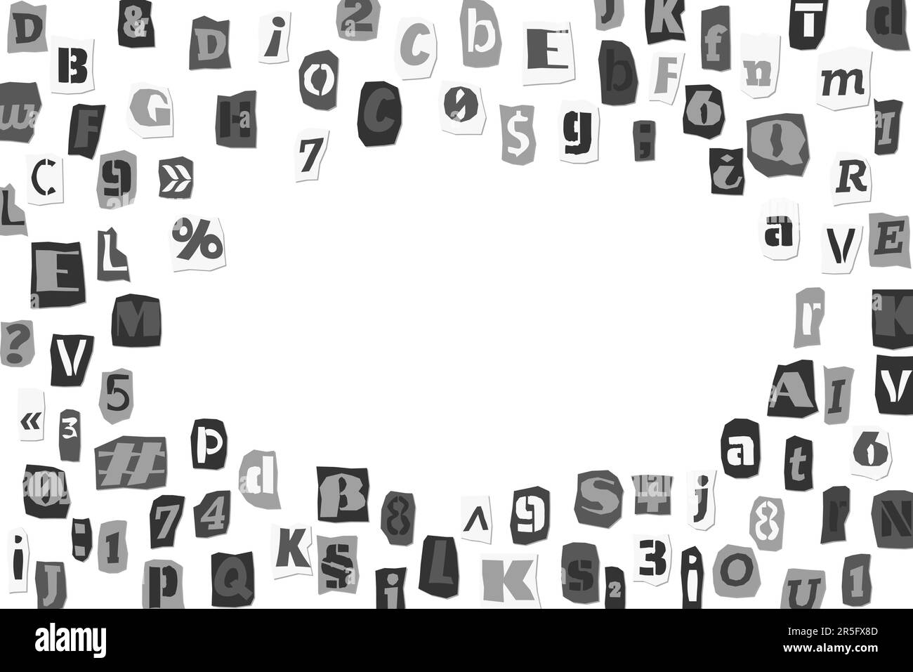 Black and white ransom collage style letters numbers and punctuation ...