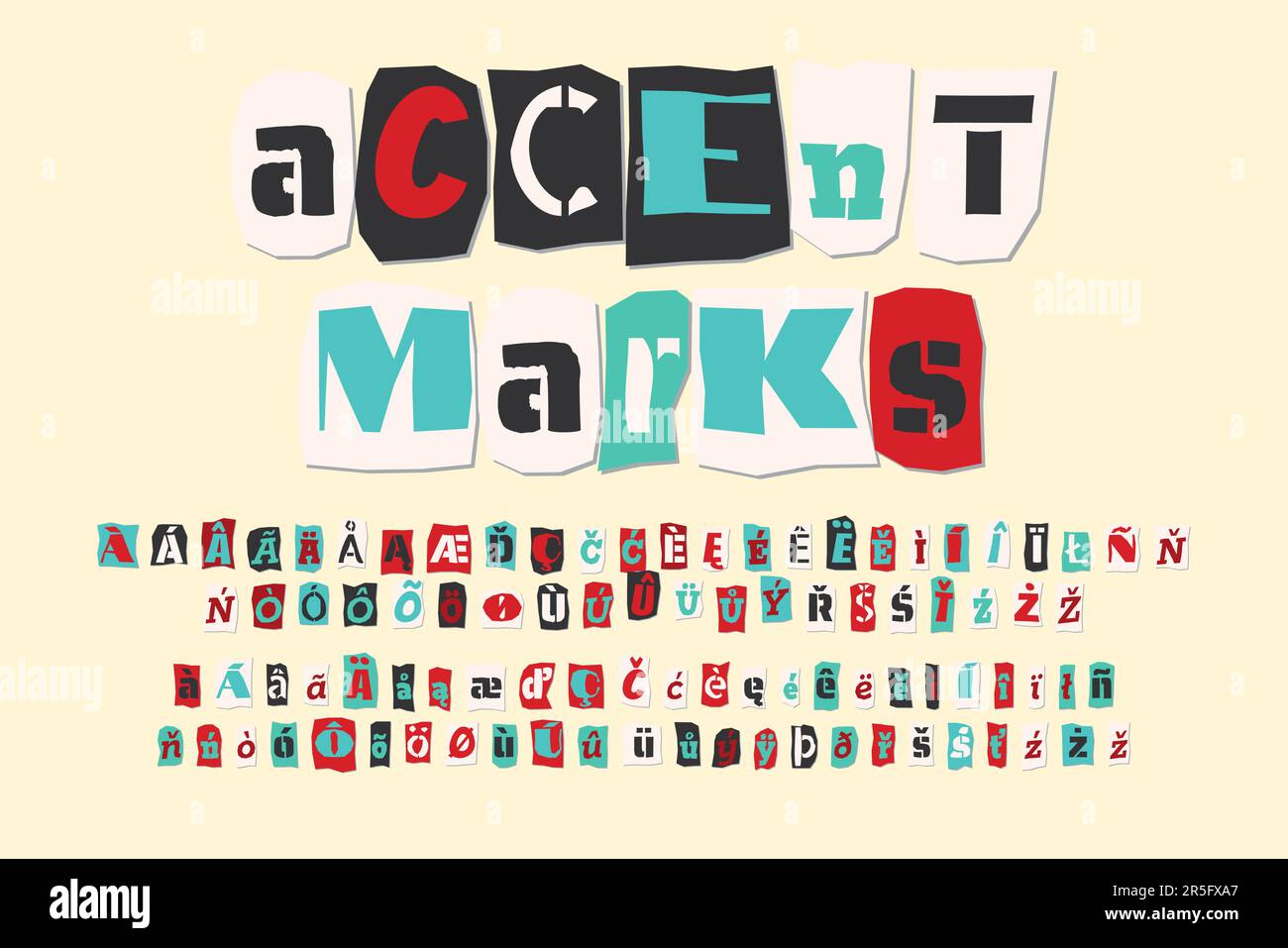 Color ransom collage style letters accent marks cut from newspapers and ...