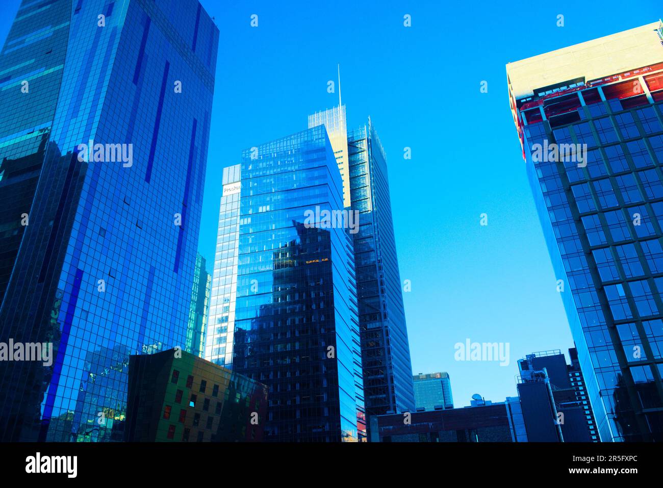 Modern skyscrapers in New York City gleam under a deep blue sky. High ...