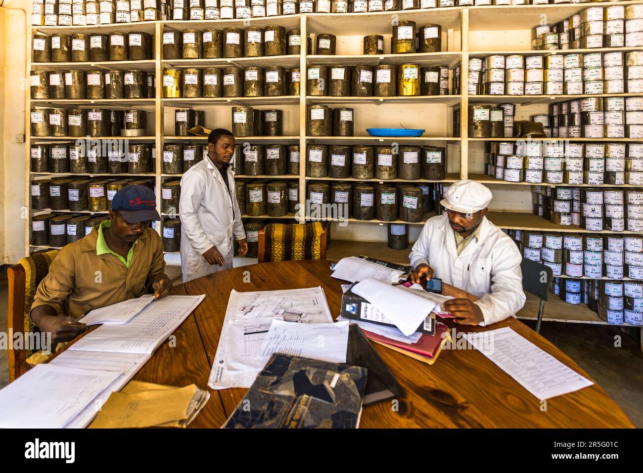 Worker tea production Satemwa Estate. Shelf with reserve samples. After ...
