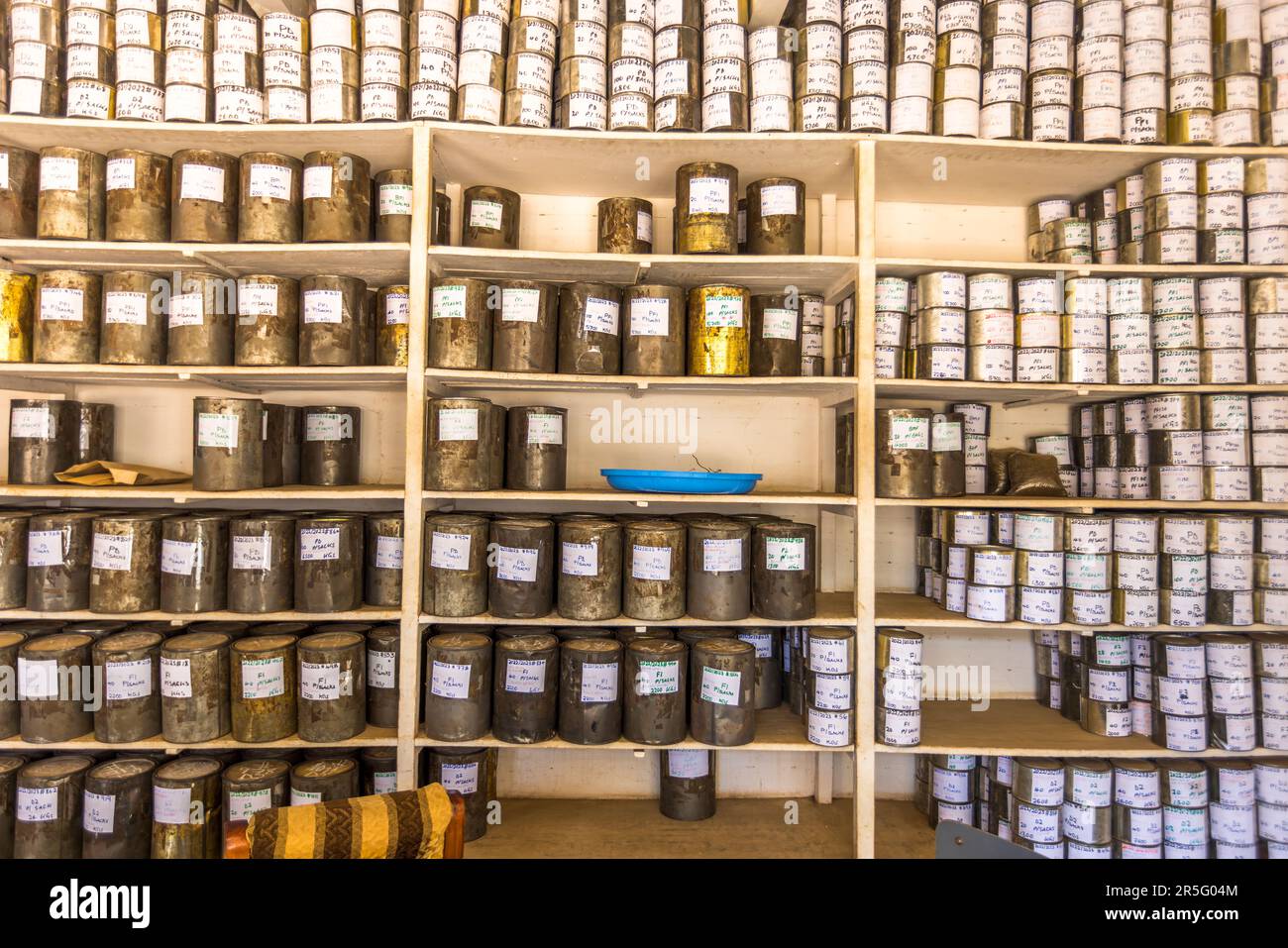 Shelf with reserve samples of all teas, Satemwa Estate. After tasting ...