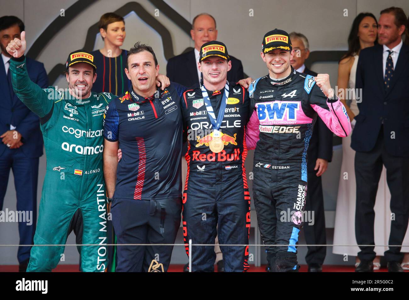 Podium of the F1 Race with. Max Verstappen (NED) Redbull Racing RB19. Fernando Alonso (SPA ...