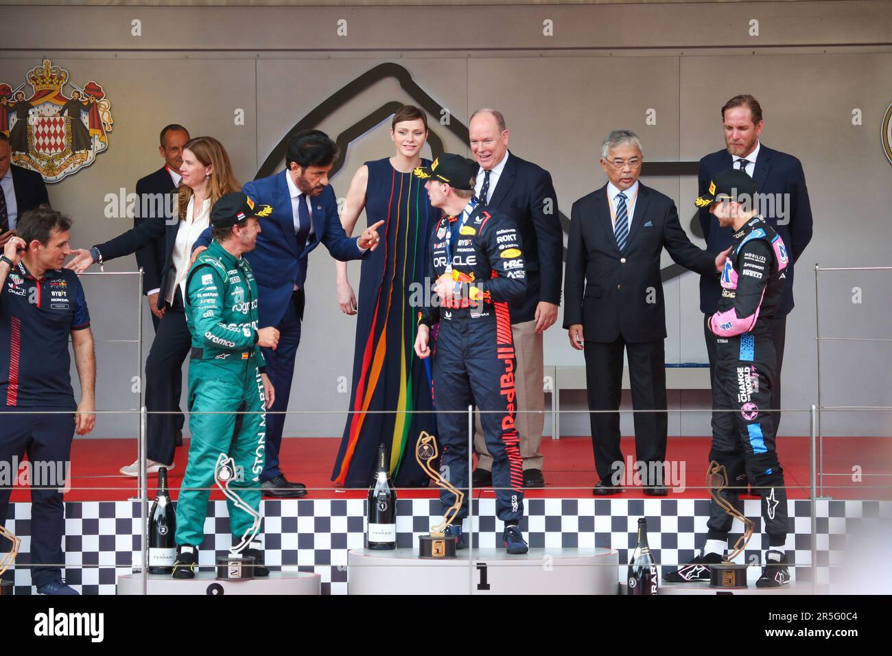 Podium of the F1 Race with. Max Verstappen (NED) Redbull Racing RB19 ...