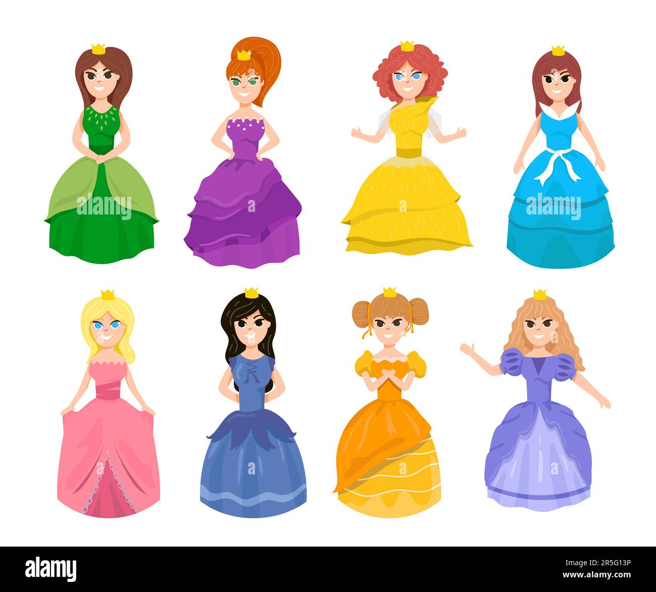 Elegant princess cartoon characters vector illustrations set Stock ...