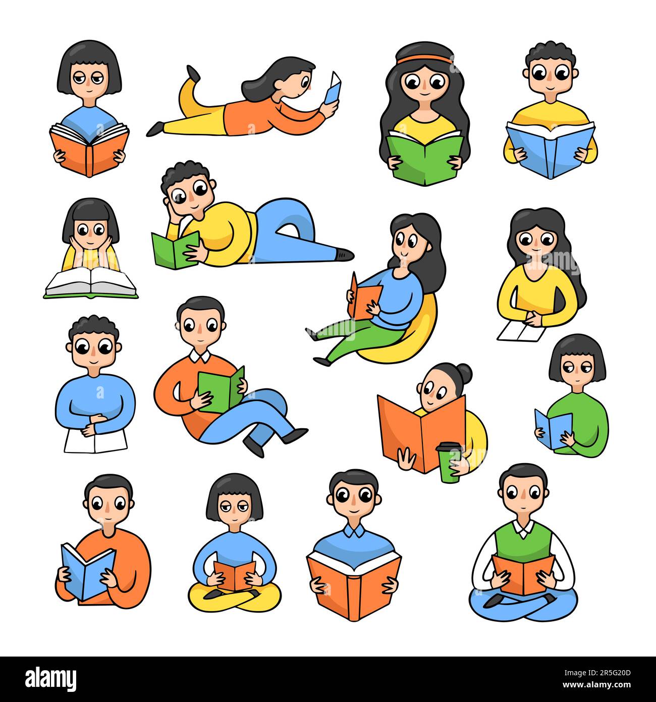 Male and female cartoon characters reading books sticker set Stock ...