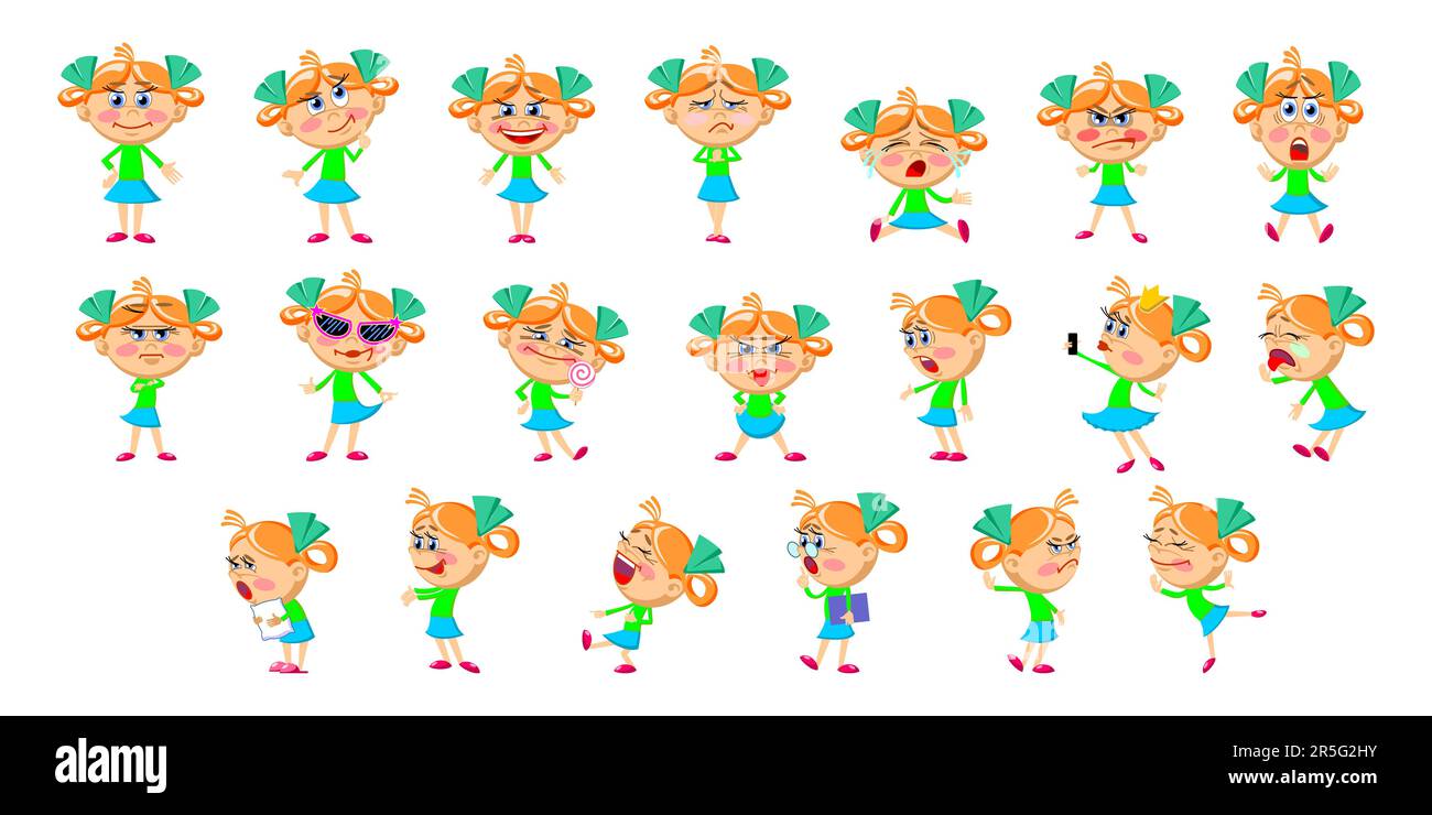 Different facial expressions of cute girl sticker set Stock Vector ...