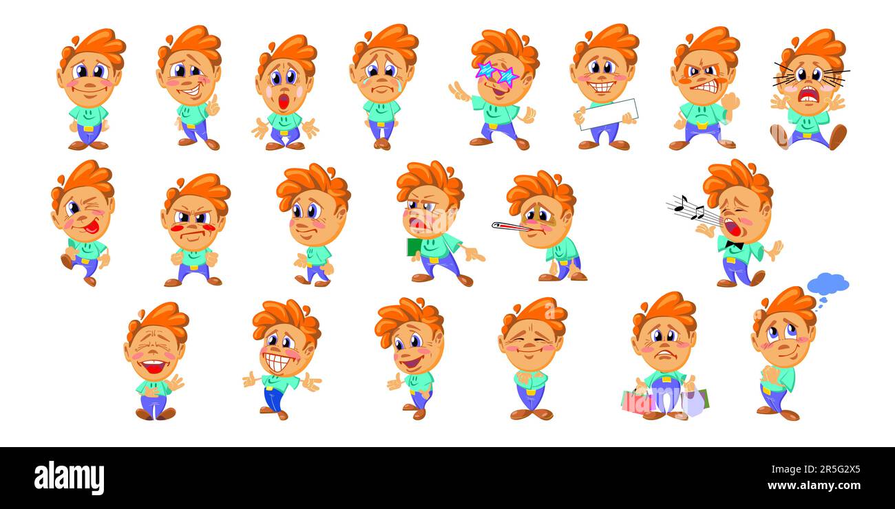 Cute cartoon boy in different actions sticker set Stock Vector Image ...
