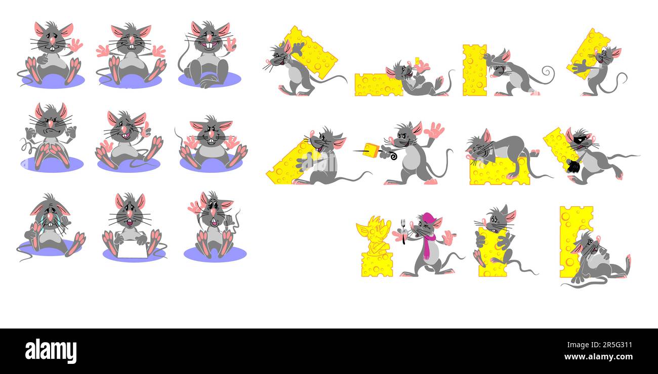 Funny mouse cartoon character in different actions sticker set Stock ...