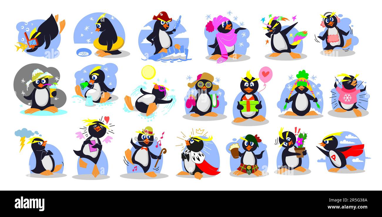Cute little penguin cartoon character sticker set Stock Vector Image ...