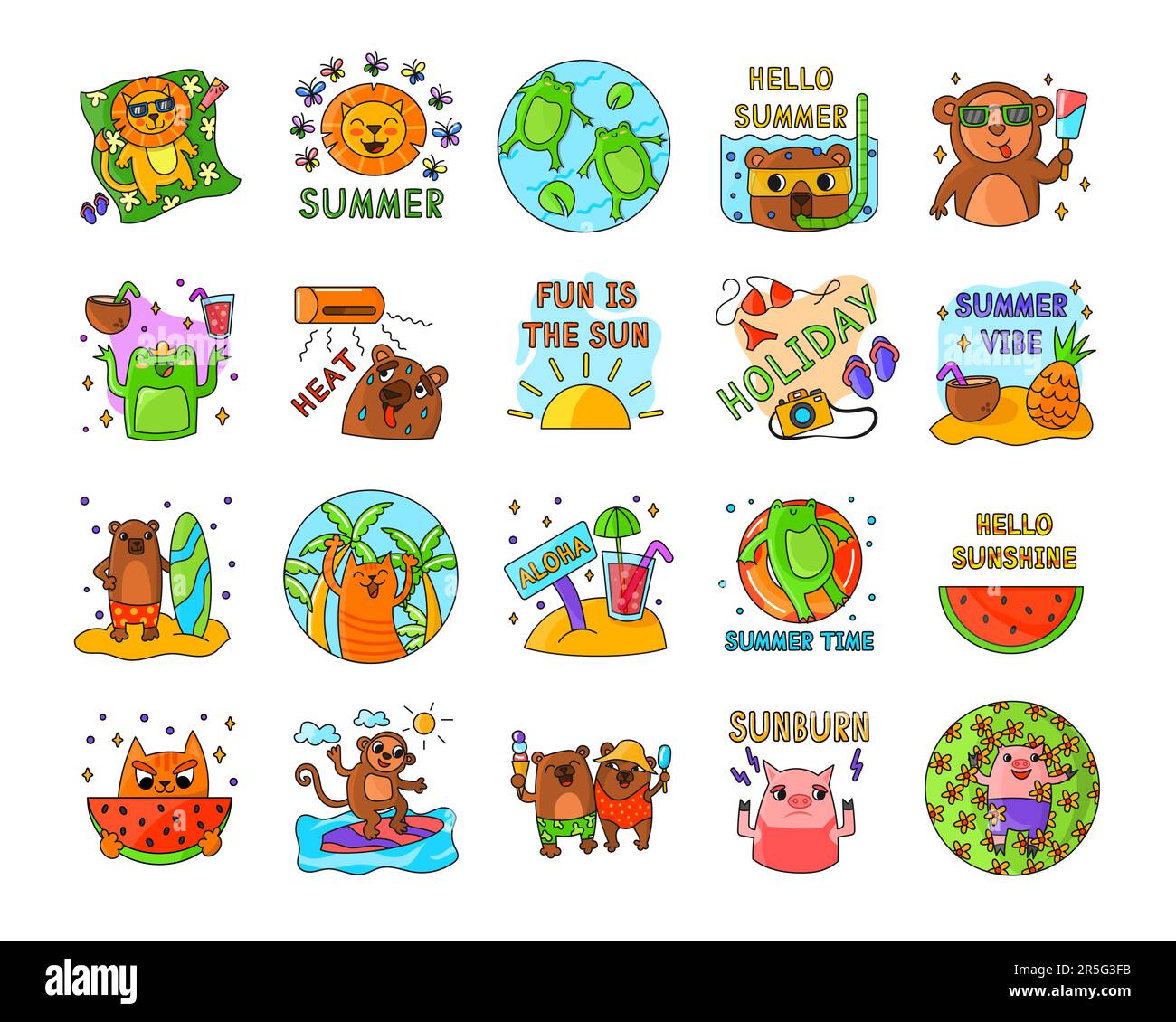 Cute animal cartoon characters having fun in summer sticker set Stock ...
