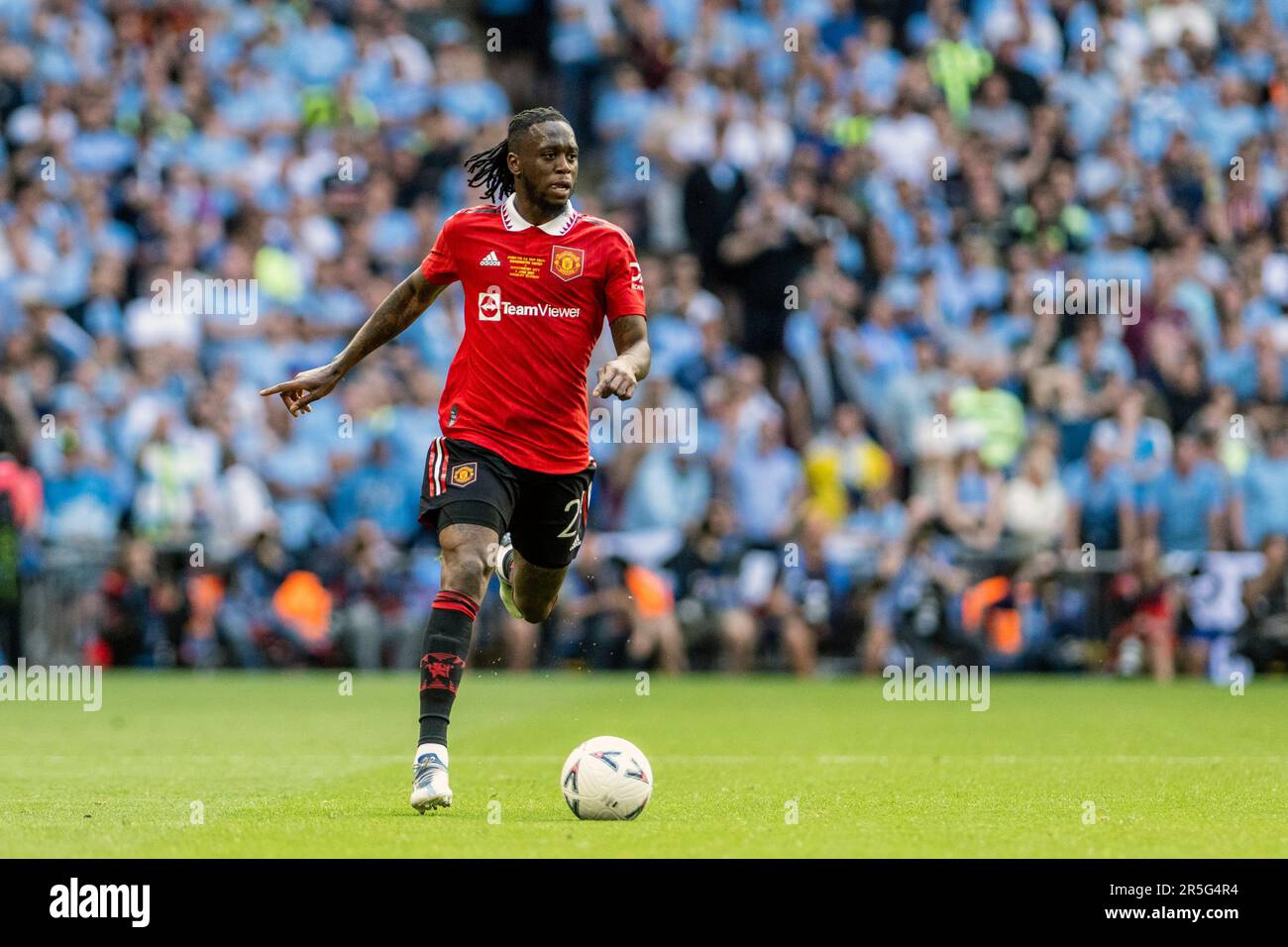 London, England, UK. 3rd June, 2023. Aaron Wan-Bissaka of Manchester United on the ball during ...