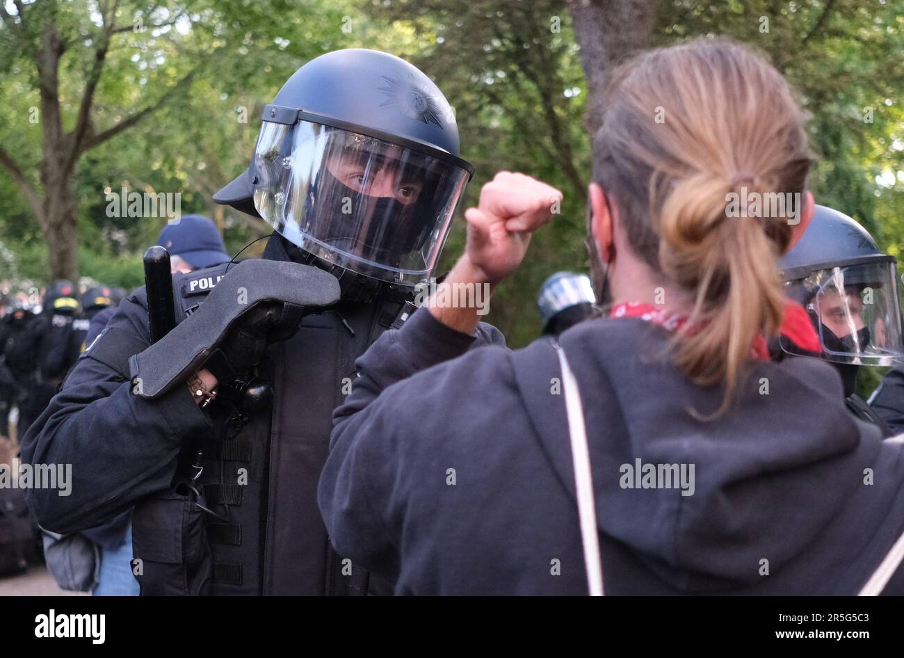 Leipzig, Germany. 03rd June, 2023. During protests against the verdict ...
