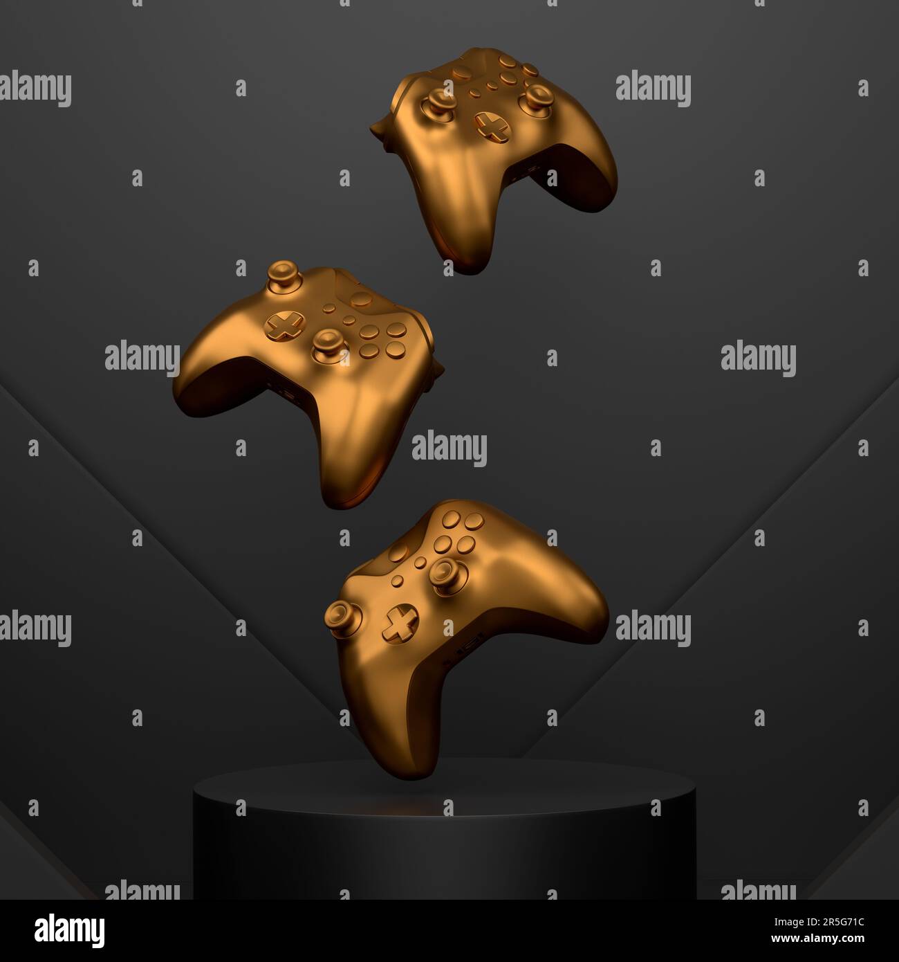 Set of video game joystick on cylinder podium with steps on monochrome ...