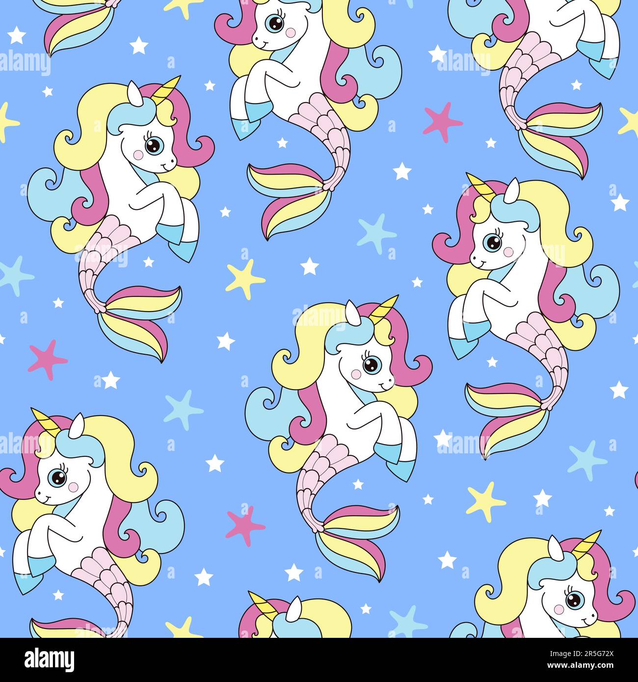 Seamless pattern with seahorse unicorn with rainbow mane. The theme of ...