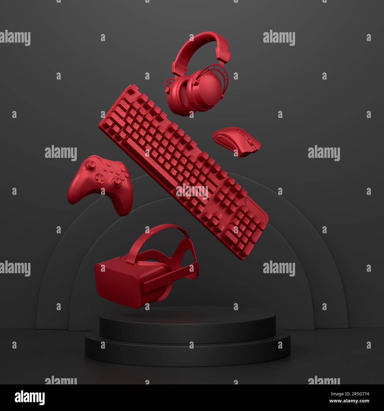 Set of video game joystick, VR glasses and headphones on cylinder ...