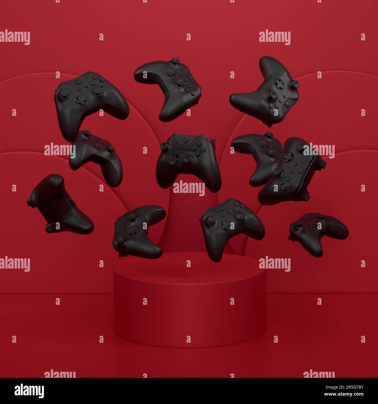 Set of video game joystick on cylinder podium with steps on monochrome ...