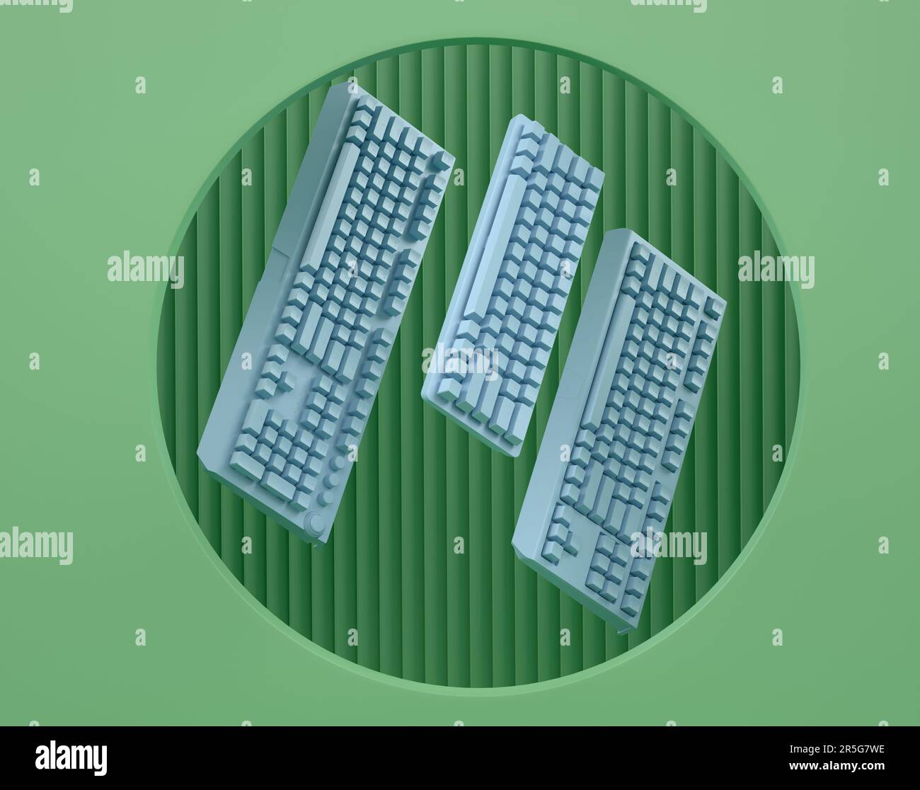 Set of keyboard from of gamer workspace on cylinder podium on ...