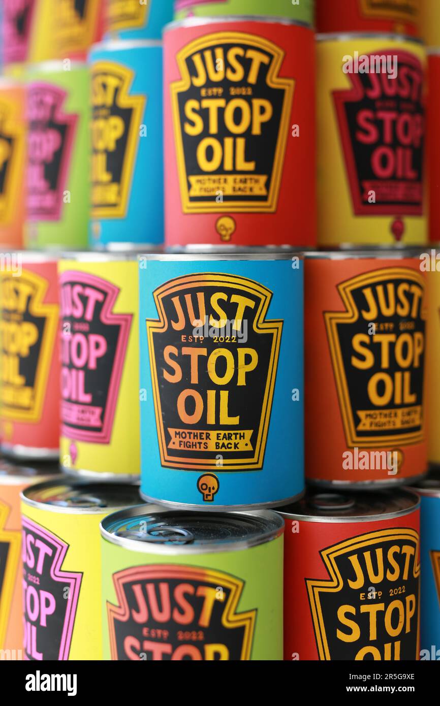 London, UK. 03 June 2023. Just Stop Oil Art Intervention 'You May Find Yourself…' at Koppel X in ...