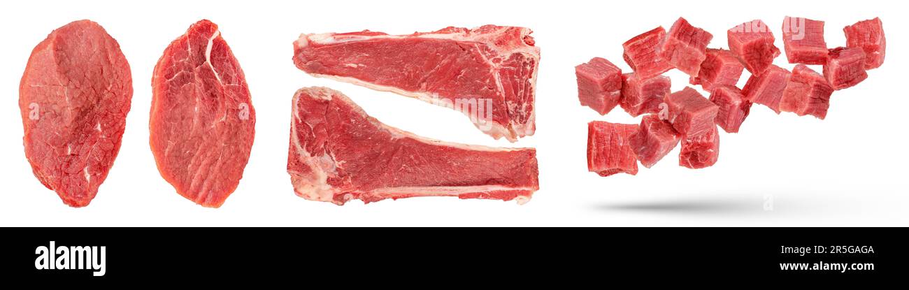 Pieces of beef. Set of large pieces of beef, with a bone, isolated on a ...