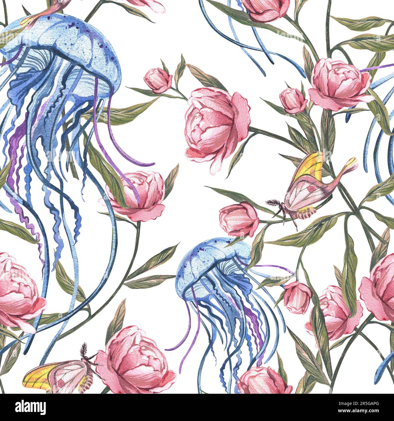 Seamless pattern blue jellyfish, butterfly, pink peony flower isolated ...