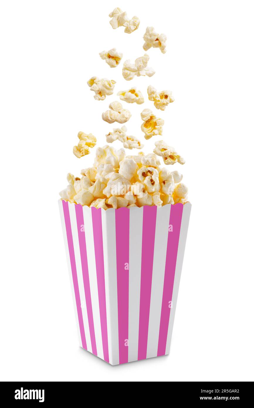 Popcorn flying out of pink white striped paper box isolated on white ...