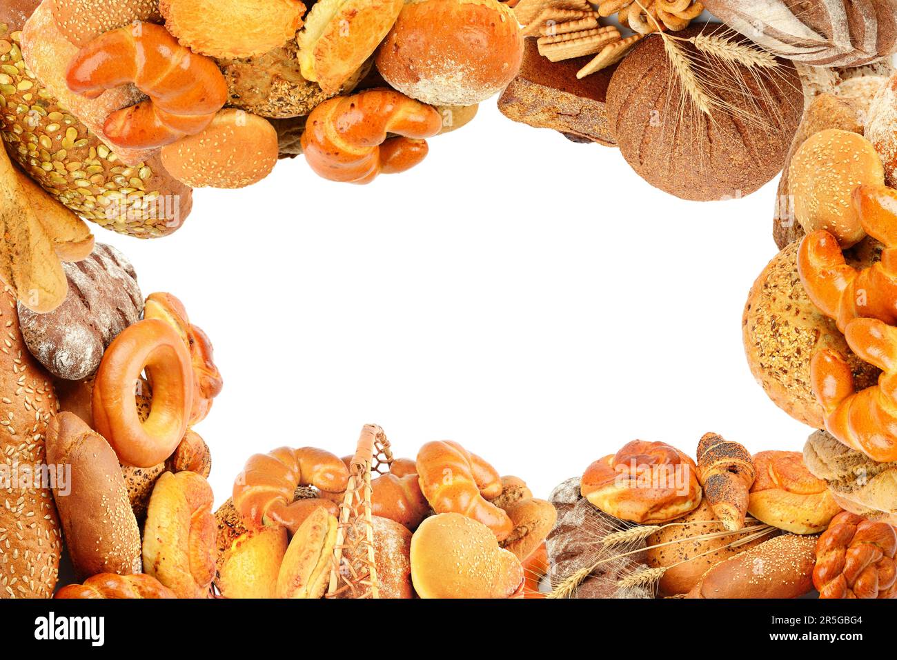 Frame of fresh bread products isolated on white background. Collage ...