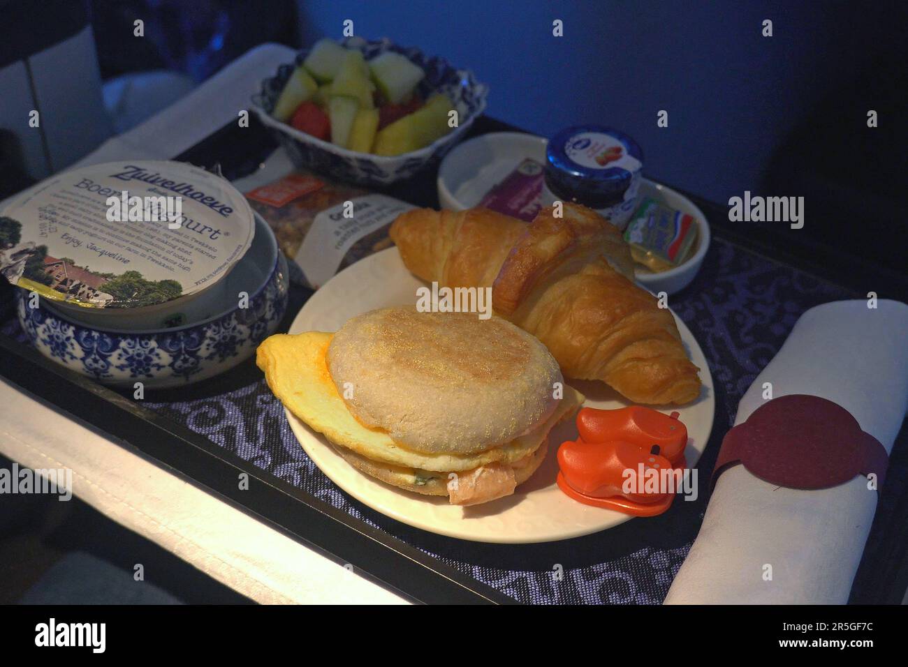 Breakfast served during flight at the Business class cabin of Boeing ...