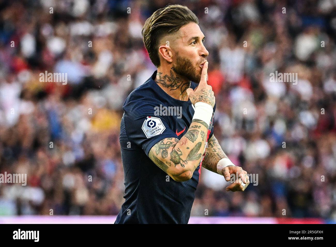 Sergio RAMOS of PSG celebrates his goal during the French championship ...