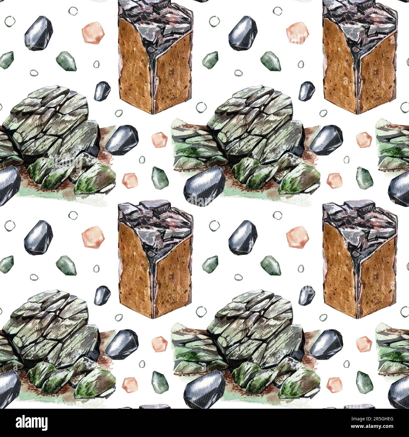 Seamless pattern grey rock stones with moss, mountain ground isolated ...