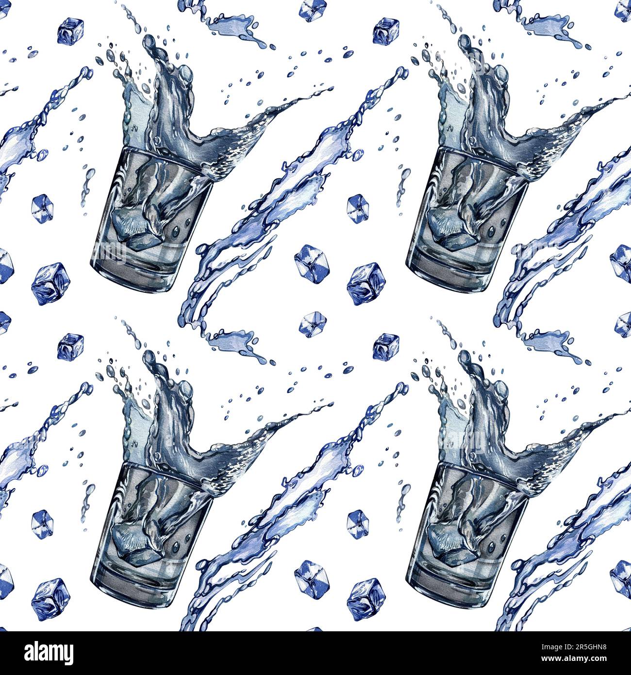 Seamless pattern glass of water with flying ice cubes, expressive ...